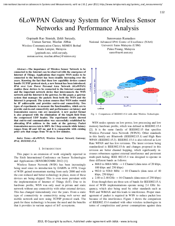 (PDF) 6LoWPAN Gateway System for Wireless Sensor Networks and Performance Analysis