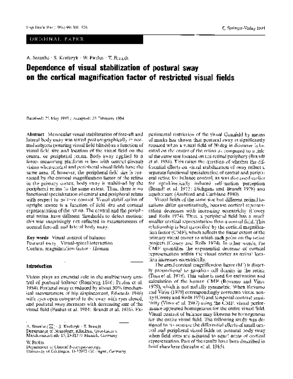 (PDF) Dependence of visual stabilization of postural sway on the ...