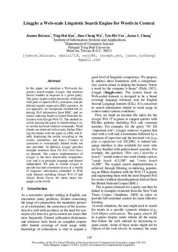 (PDF) Linggle: a Web-scale Linguistic Search Engine for Words in Context