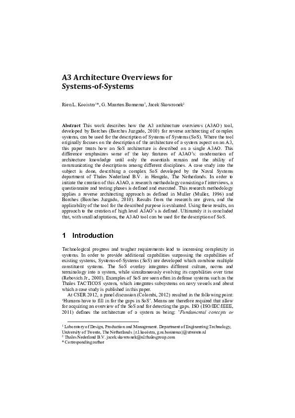 (PDF) A3 Architecture Overviews for Systems-of-Systems