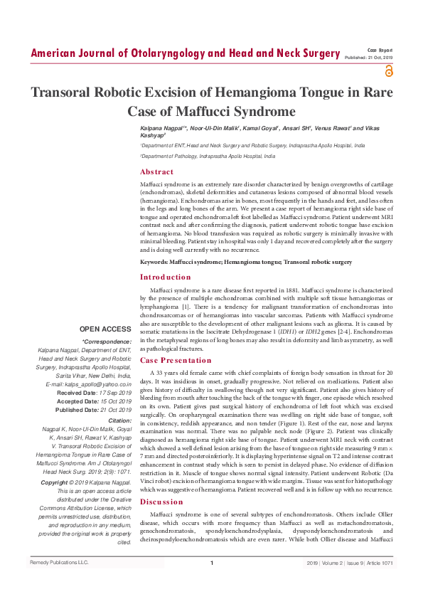 (PDF) Transoral Robotic Excision of Hemangioma Tongue in Rare Case of ...