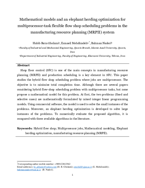 Pdf Mathematical Models And An Elephant Herding Optimization For Multiprocessor Task Flexible