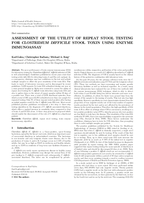 (PDF) Assessment of the utility of repeat stool testing for Clostridium ...