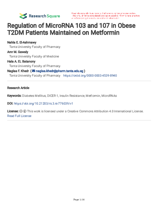 (PDF) Regulation of MicroRNA 103 and 107 in Obese T2DM Patients ...