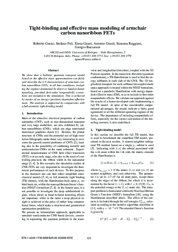 (PDF) Tight-binding and effective mass modeling of armchair graphene nanoribbon FETs