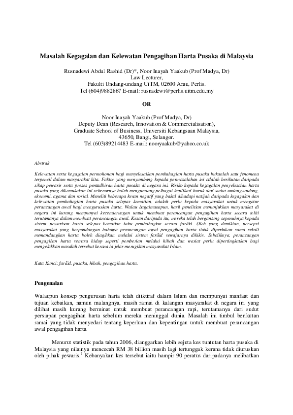(PDF) Masalah Kegagalan dan Kelewatan Pengagihan Harta Pusaka di Malaysia
