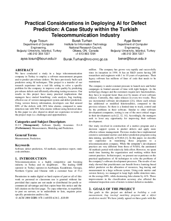 (PDF) Practical considerations in deploying AI for defect prediction: A case study within the ...