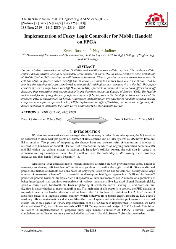 Pdf Implementation Of Fuzzy Logic Controller For Mobile Handoff On Fpga