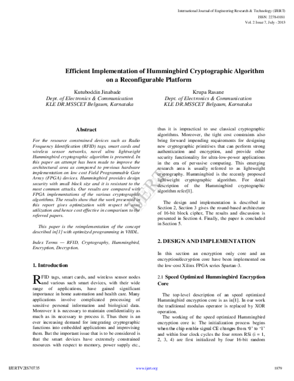 Pdf Efficient Implementation Of Hummingbird Cryptographic Algorithm