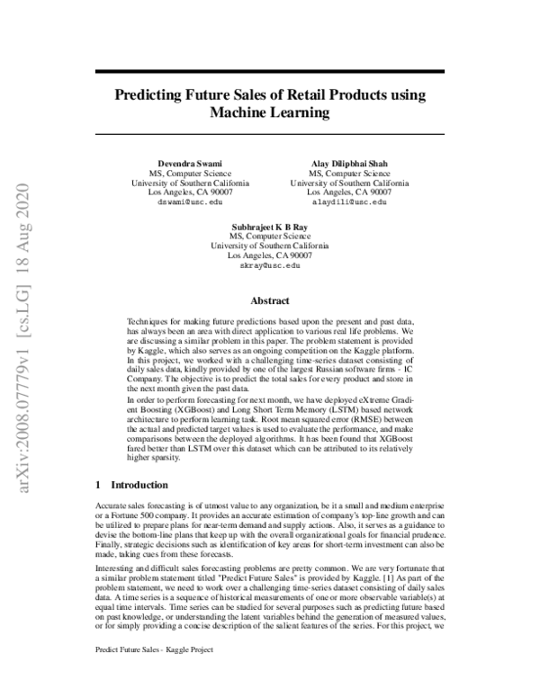 (PDF) Predicting Future Sales of Retail Products using Machine Learning