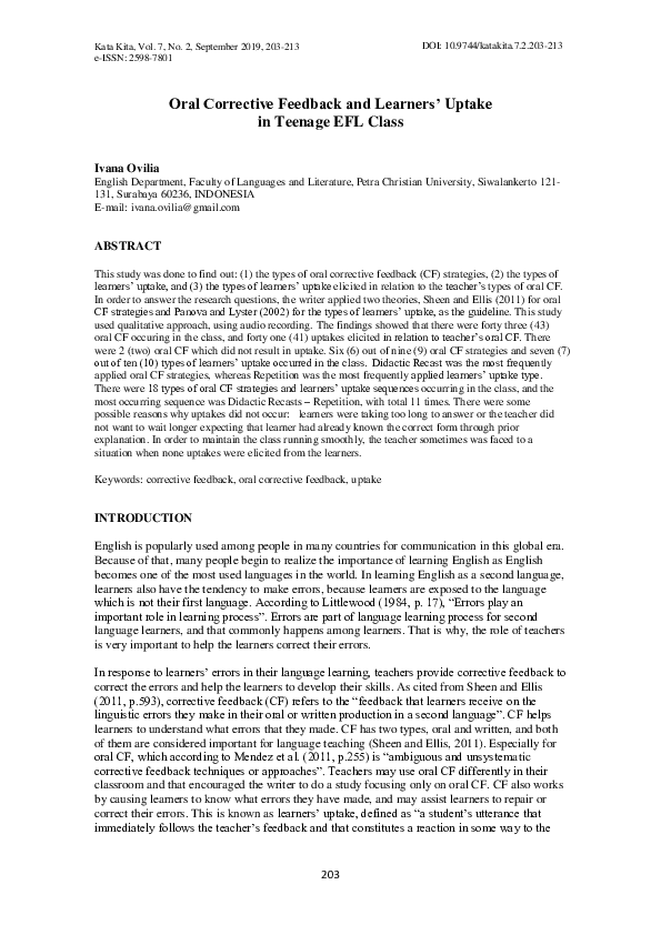 (PDF) Oral Corrective Feedback and Learners’ Uptake in Teenage EFL Class