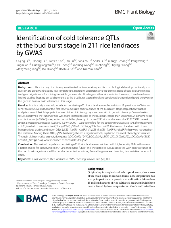 (PDF) Identification of cold tolerance QTLs at the bud burst stage in 211 rice landraces by GWAS
