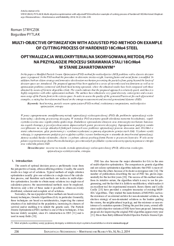 (PDF) Multi-objective optiMization with adjusted pso Method on exaMple of cutting process of ...