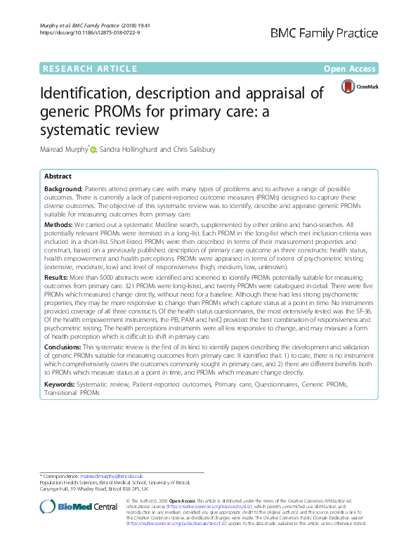 (PDF) Identification, description and appraisal of generic PROMs for ...