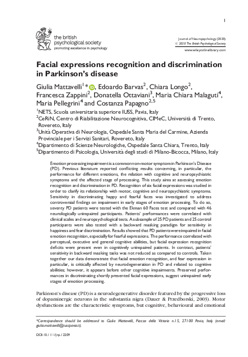 (PDF) Facial expressions recognition and discrimination in Parkinson’s disease