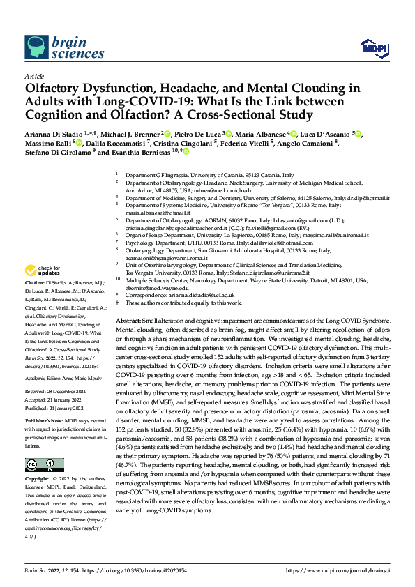 (PDF) Olfactory Dysfunction, Headache, and Mental Clouding in Adults with Long-COVID-19: What Is ...