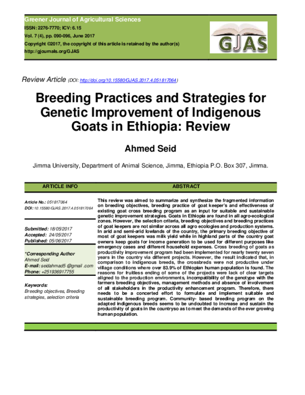 (PDF) Breeding Practices and Strategies for Genetic Improvement of Indigenous Goats in Ethiopia ...