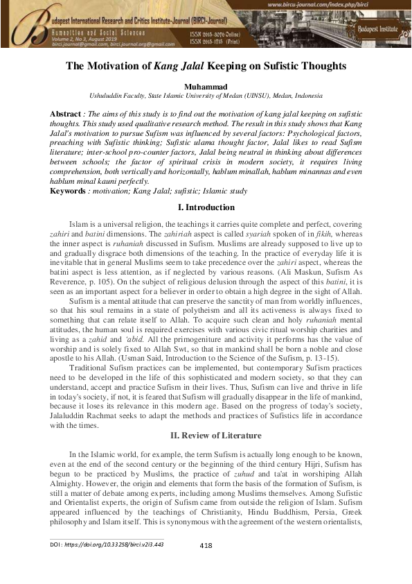 (PDF) The Motivation of Kang Jalal Keeping on Sufistic Thoughts