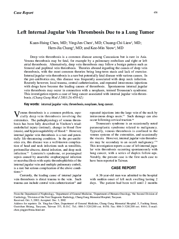 (PDF) Left Internal Jugular Vein Thrombosis Due to a Lung Tumor
