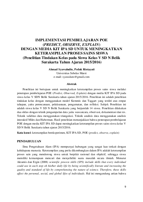 (PDF) IMPLEMENTASI PEMBELAJARAN POE (PREDICT, OBSERVE, EXPLAIN) DENGAN MEDIA KIT IPA SD UNTUK ...