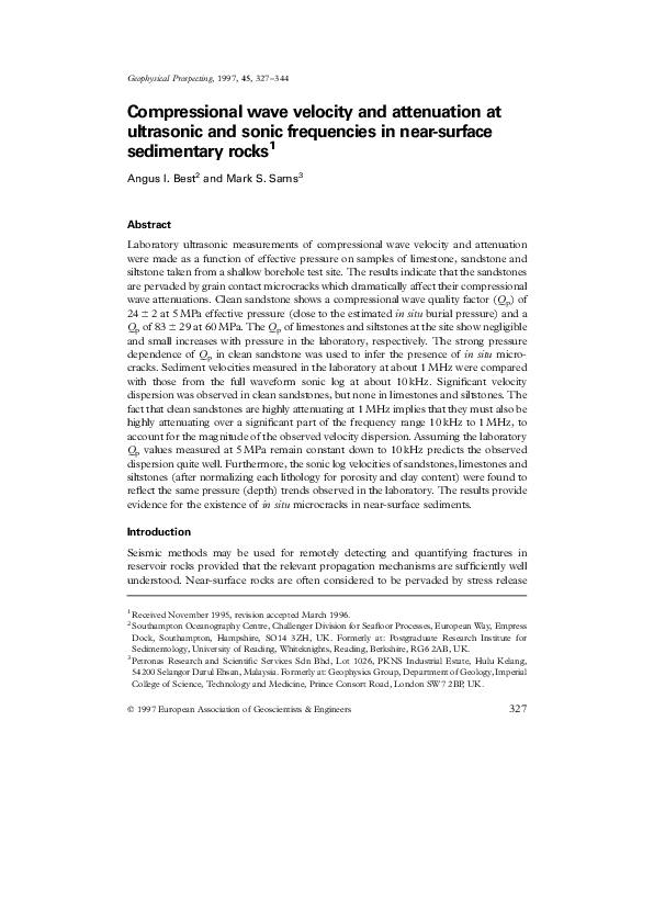 (PDF) Compressional wave velocity and attenuation at ultrasonic and ...