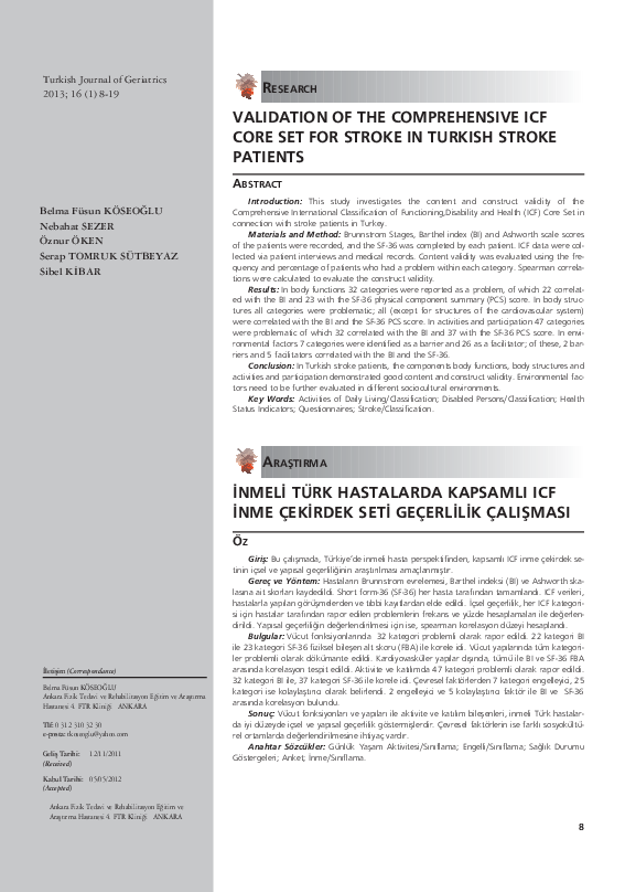 (PDF) Validation of the Comprehensive Icf Core Set for Stroke in Turkish Stroke Patients