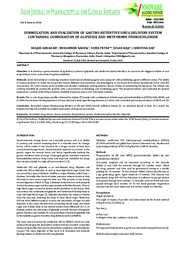 (PDF) Formulation and Evaluation of Gastroretentive Glipizide Floating Tablets