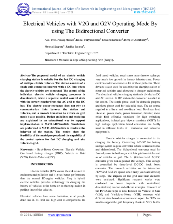 (PDF) Electrical Vehicles with V2G and G2V Operating Mode By using The Bidirectional Converter