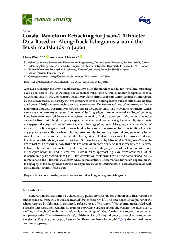 (PDF) Coastal Waveform Retracking for Jason-2 Altimeter Data Based on Along-Track Echograms ...