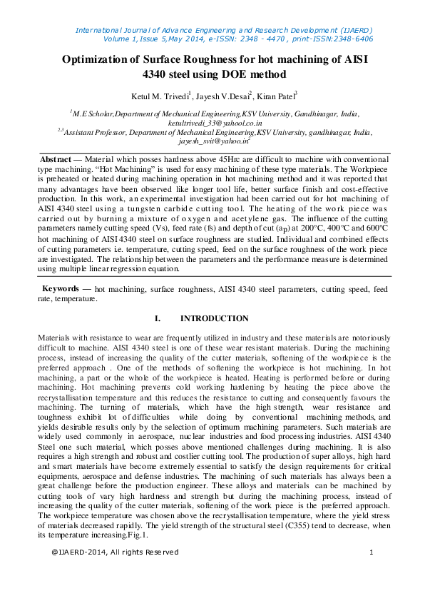 (PDF) Optimization of Surface Roughness for hot machining of AISI 4340 steel using DOE method