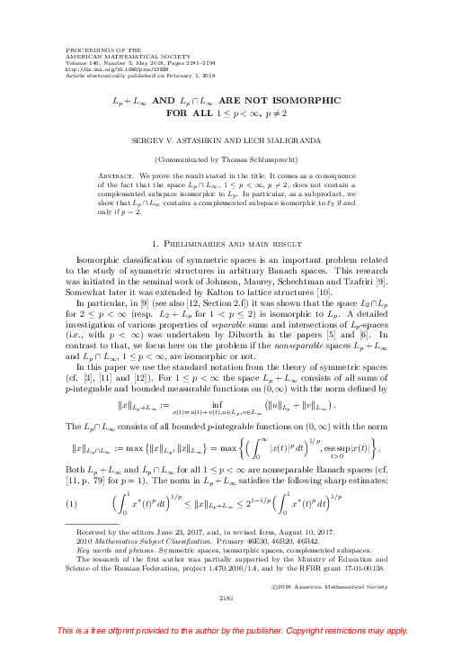 (PDF) $L_p +L_{\infty }$ and $L_p \cap L_{\infty }$ are not isomorphic for all $1 \leq p