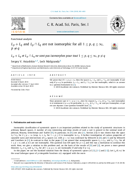 (PDF) Functional analysis Lp + Lq and Lp ∩ Lq are not isomorphic for ...