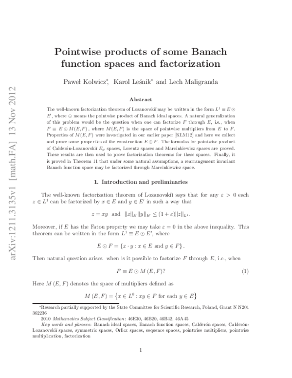 (PDF) Pointwise products of some Banach function spaces and factorization | Lech Maligranda ...