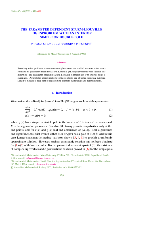 Pdf The Parameter Dependent Sturm Liouville Eigenproblem With An