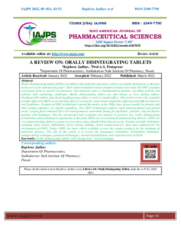(PDF) A REVIEW ON: ORALLY DISINTEGRATING TABLETS