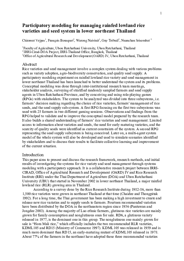 (PDF) Participatory modeling for managing rainfed lowland rice varieties and seed system in ...