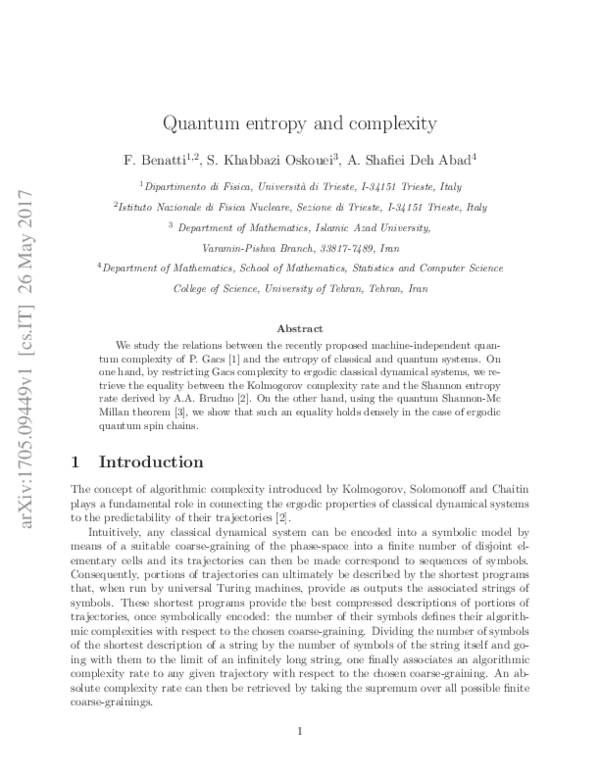 (PDF) Quantum Entropy and Complexity
