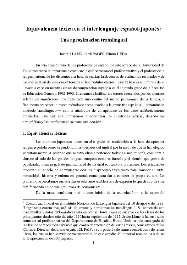 (PDF) Equivalencia Lexica en El Interlenguaje Espanol-Japones--Una ...