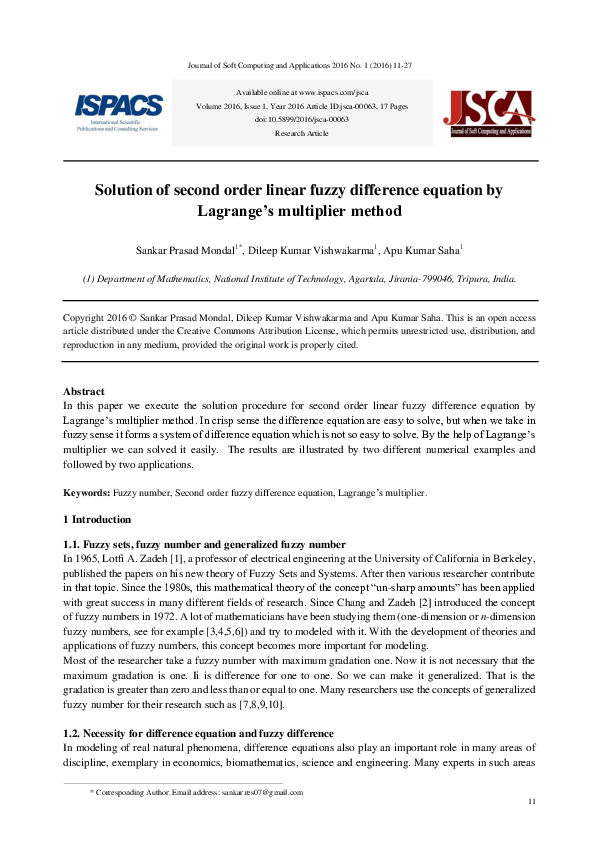 Pdf Solution Of Second Order Linear Fuzzy Difference Equation By Lagranges Multiplier Method