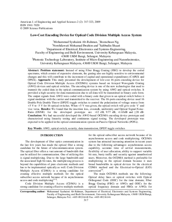 Pdf Low Cost Encoding Device For Optical Code Division Multiple Access System