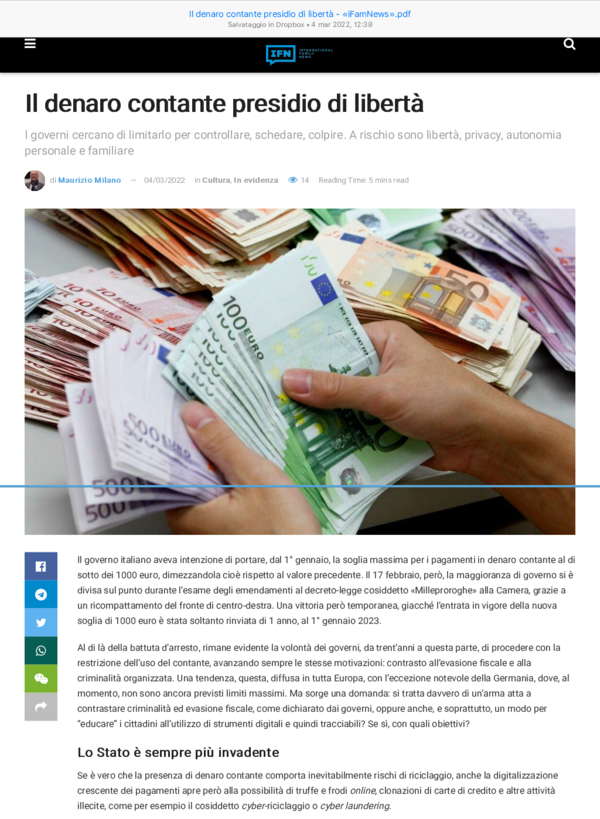 (PDF) Il denaro contante presidio di libertà