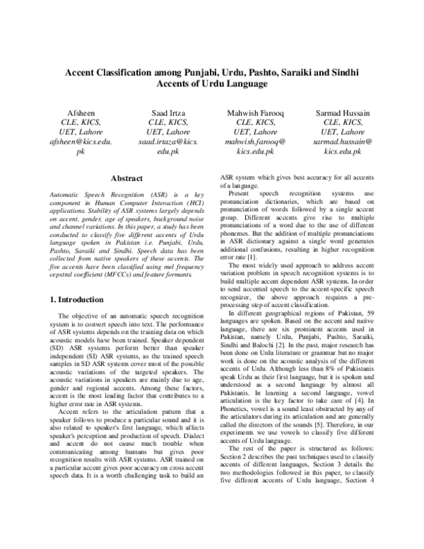 (PDF) Accent Classification among Punjabi , Urdu , Pashto , Saraiki and Sindhi Accents of Urdu ...