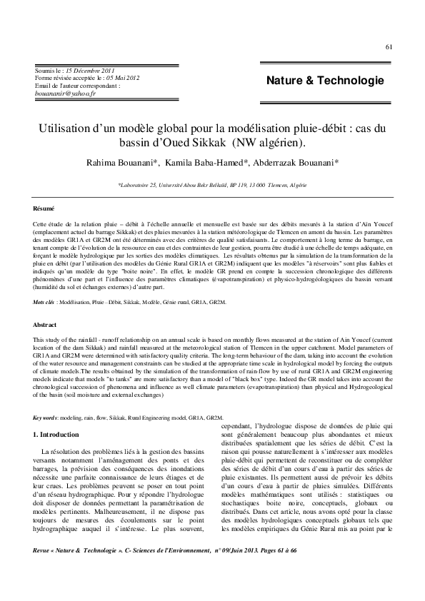 (PDF) Utilisation d’un modèle global pour la modélisation pluie-débit ...
