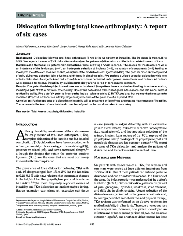 (PDF) Dislocation following total knee arthroplasty: A report of six cases