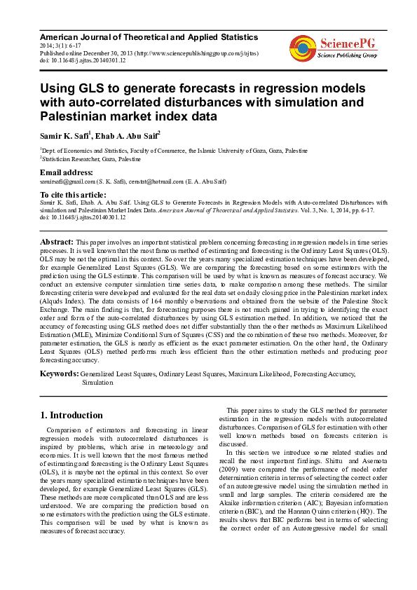 (PDF) Using GLS to Generate Forecasts in Regression Models with Auto-correlated Disturbances ...