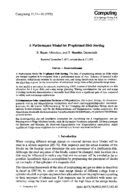 (PDF) A performance model for preplanned disk sorting