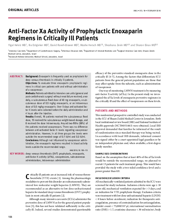 (PDF) Anti-Factor Xa Activity of Prophylactic Enoxaparin Regimens in ...