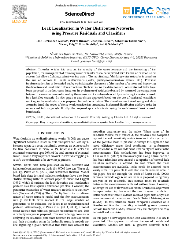 Pdf Leak Localization In Water Distribution Networks Using Pressure Residuals And Classifiers