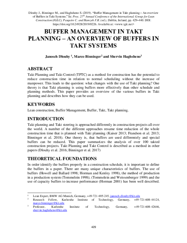 (PDF) Buffer Management in Takt Planning – An Overview of Buffers in Takt Systems