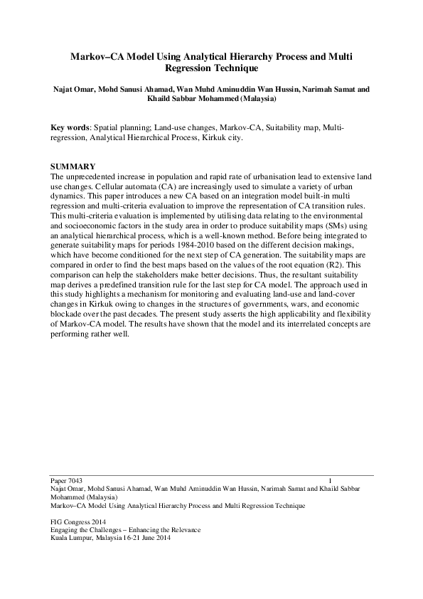 Pdf Markov Ca Model Using Analytical Hierarchy Process And Multiregression Technique